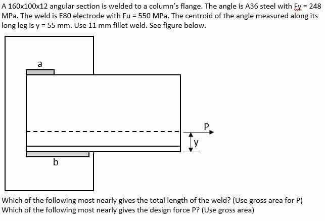 Solved A 160x100x12 angular section is welded to a column's | Chegg.com
