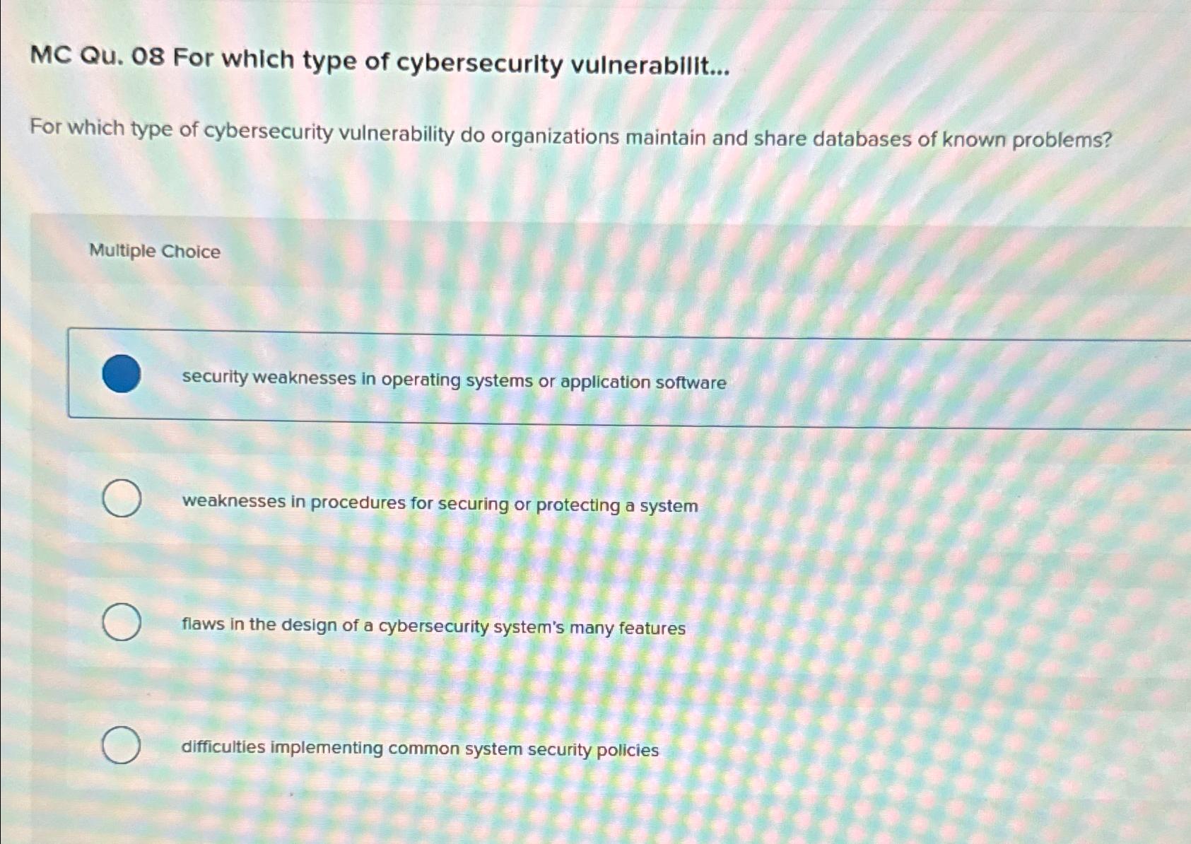 Solved MC Qu. 08 ﻿For which type of cybersecurity | Chegg.com