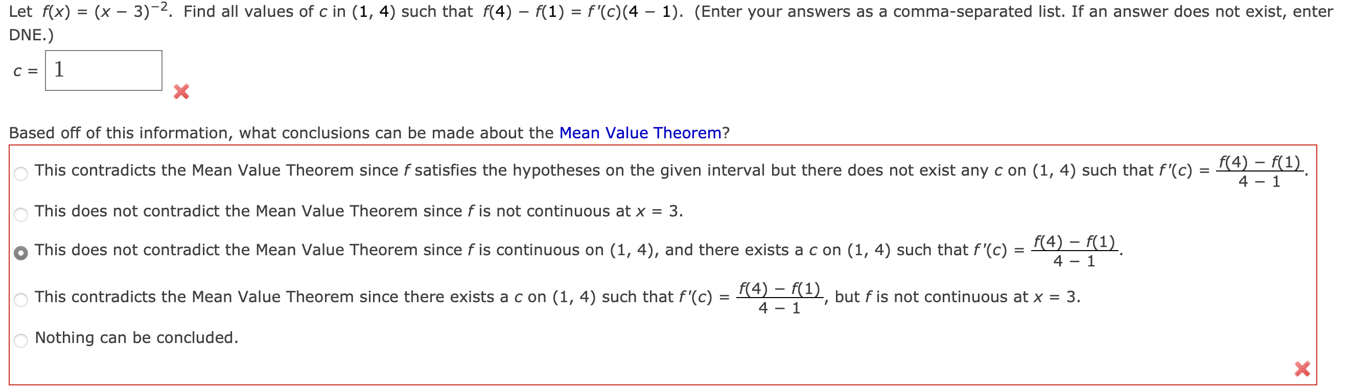 Solved Let f(x)=(x-3)-2. ﻿Find all values of c ﻿in (1,4) | Chegg.com