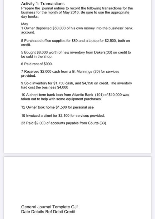 Solved Activity 1: Transactions Prepare the journal entries | Chegg.com