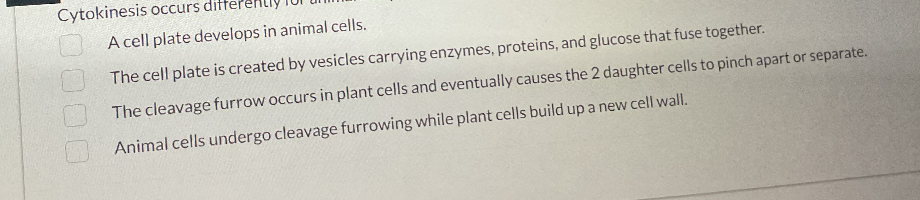 Solved Cytokinesis occurs differentiy ruq, ﻿A cell plate | Chegg.com