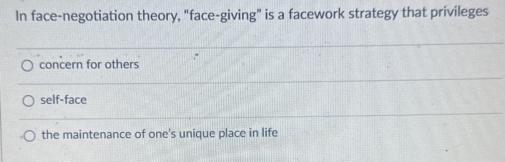 Solved In face-negotiation theory, "face-giving" is a | Chegg.com