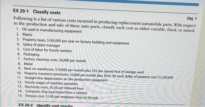 Solved EX 20-1 Classify costs Following is a list of various | Chegg.com
