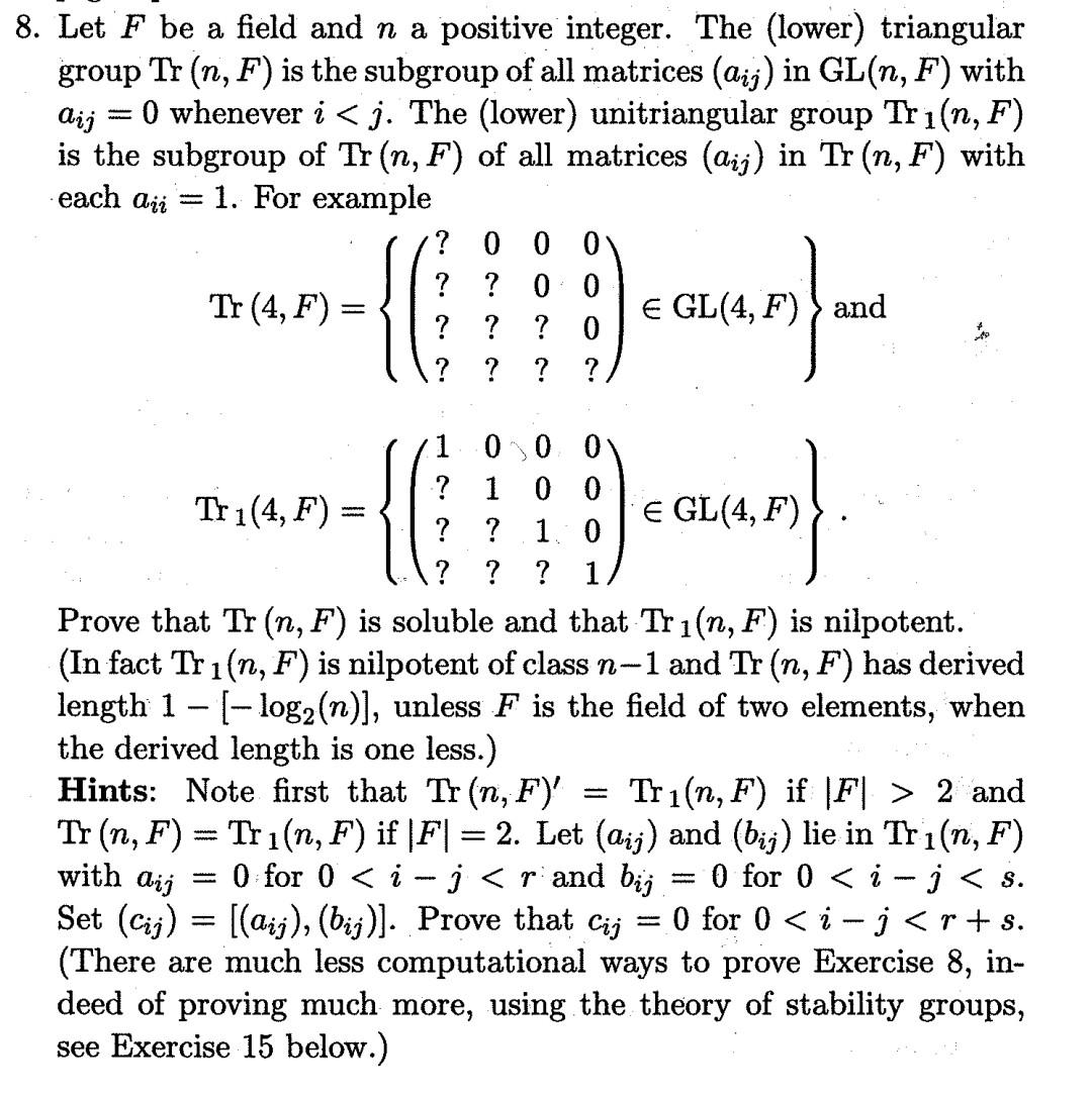 Solved 5. Use Exercise 13 to prove that Tr1(n,F), see | Chegg.com