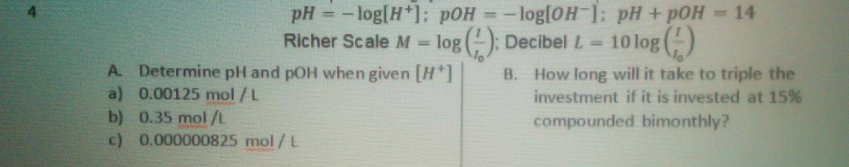 Solved pH = -log[H'l: pOH = -log[on-1: pH + POH = 14 Richer | Chegg.com