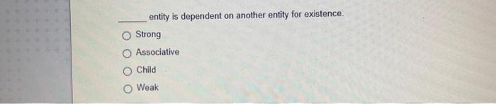 Solved entity is dependent on another entity for existence. | Chegg.com