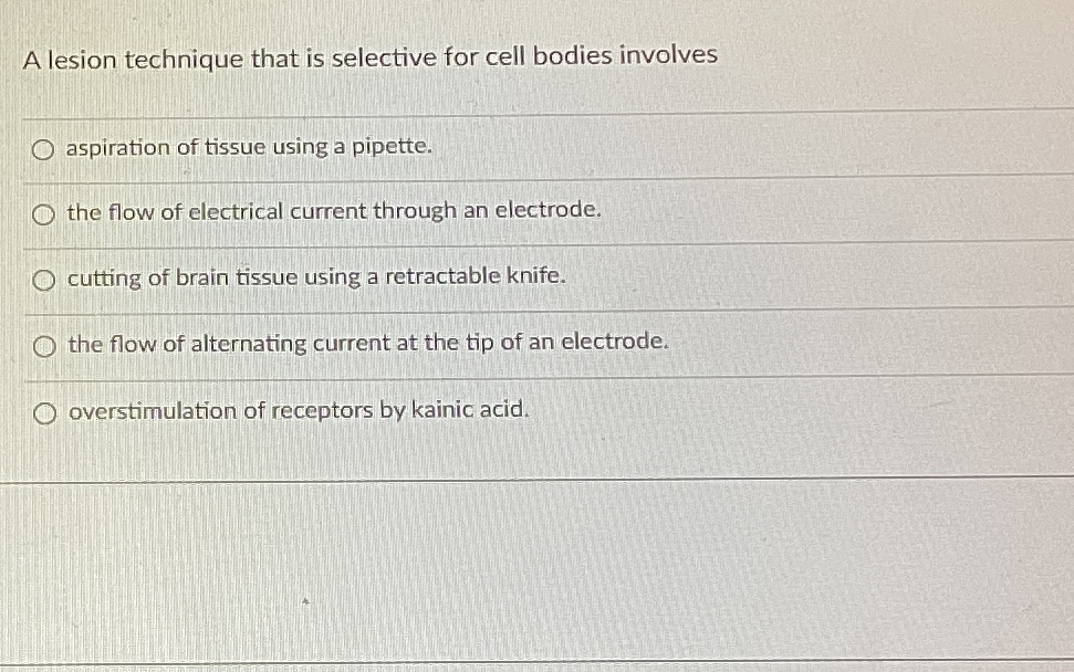 Solved A lesion technique that is selective for cell bodies | Chegg.com