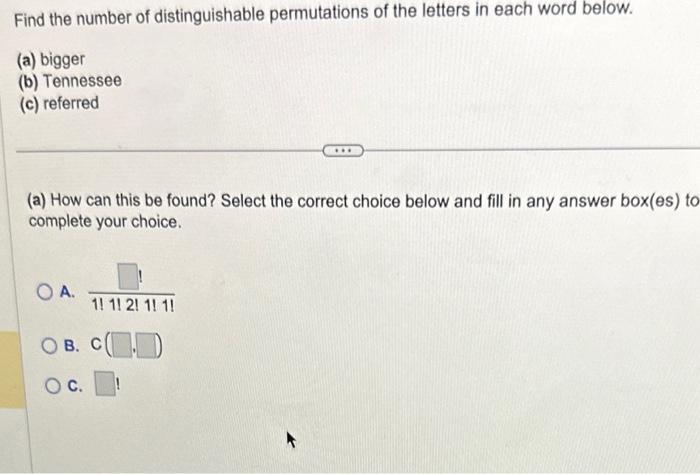 Solved Find the number of distinguishable permutations of | Chegg.com