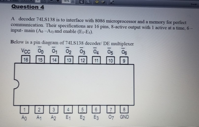 Solved Tools Question 4 A decoder 74LS138 is to interface | Chegg.com