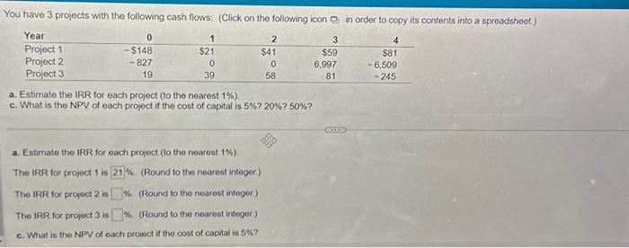 Solved a. Estimate the IRR for each project (to the nearest | Chegg.com