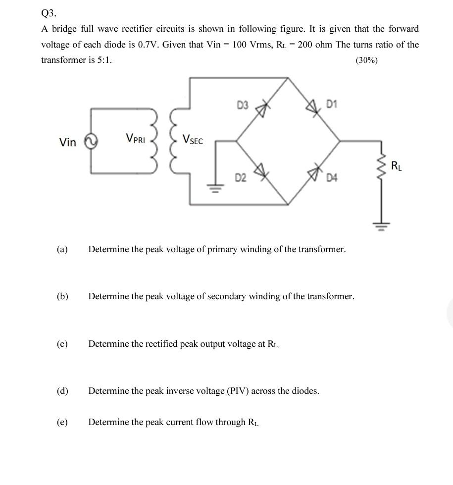 Solved Q3. A bridge full wave rectifier circuits is shown in | Chegg.com