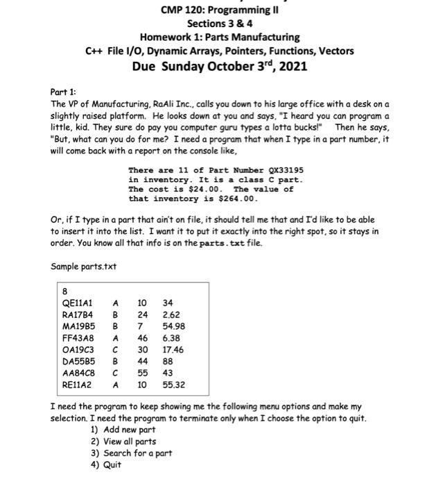 CMP 120: Programming II Sections 3 & 4 Homework 1: | Chegg.com