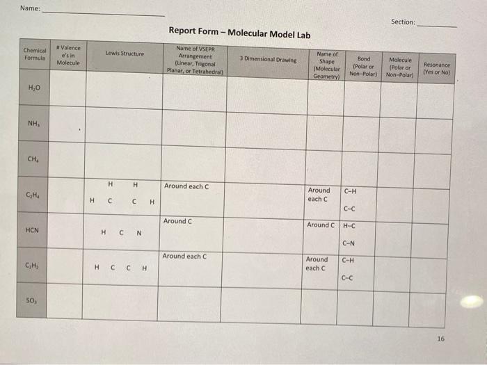 Solved Name Section Report Form Molecular Model Lab
