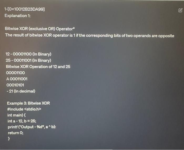 Solved 1 [0×10012b23da99] Explanation 1 Bitwise Xor