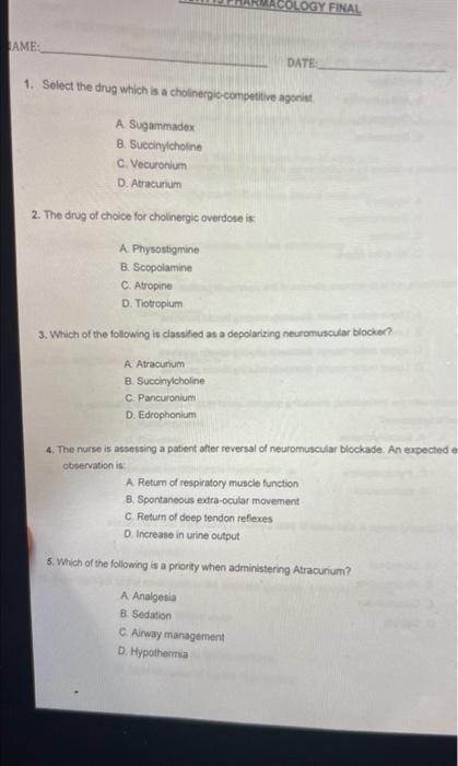 1. Select the drug which is a cholinergic-competitive | Chegg.com