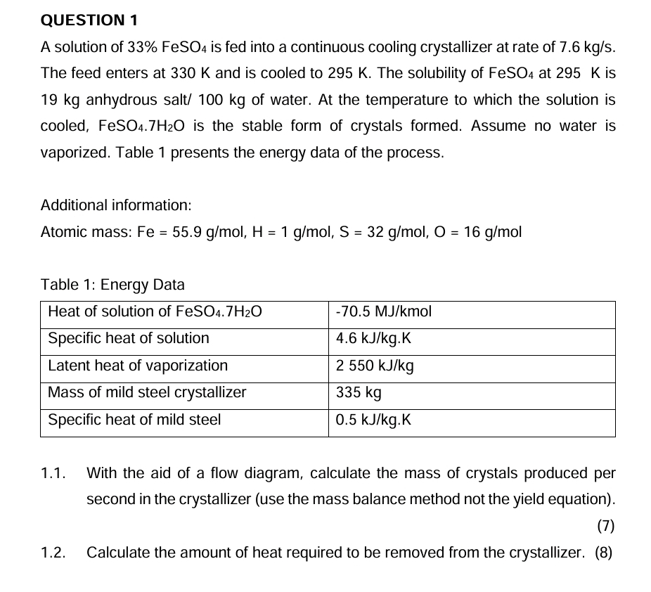 Solved QUESTION 1A solution of 33%FeSO4 ﻿is fed into a | Chegg.com