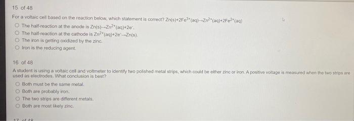 Solved For a voltaic cell based on the reaction beiow. which | Chegg.com