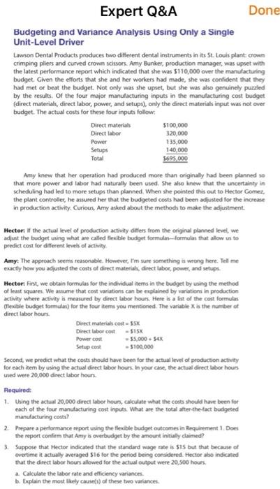 Budgeting and Variance Analysis Using Only a Single | Chegg.com