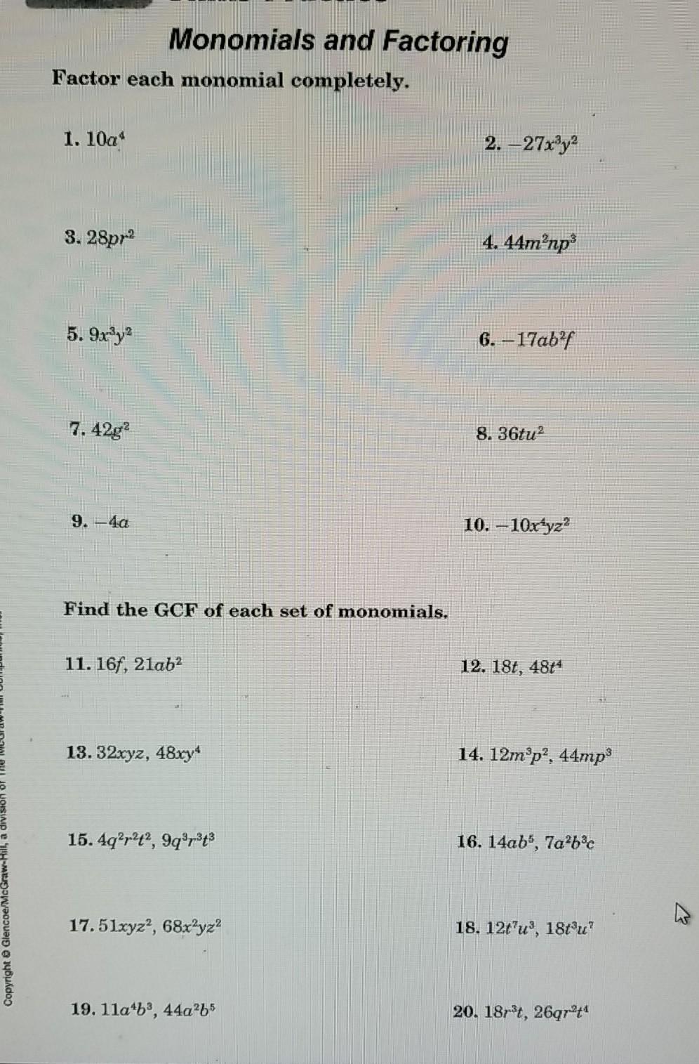 Solved Monomials and Factoring Factor each monomial | Chegg.com