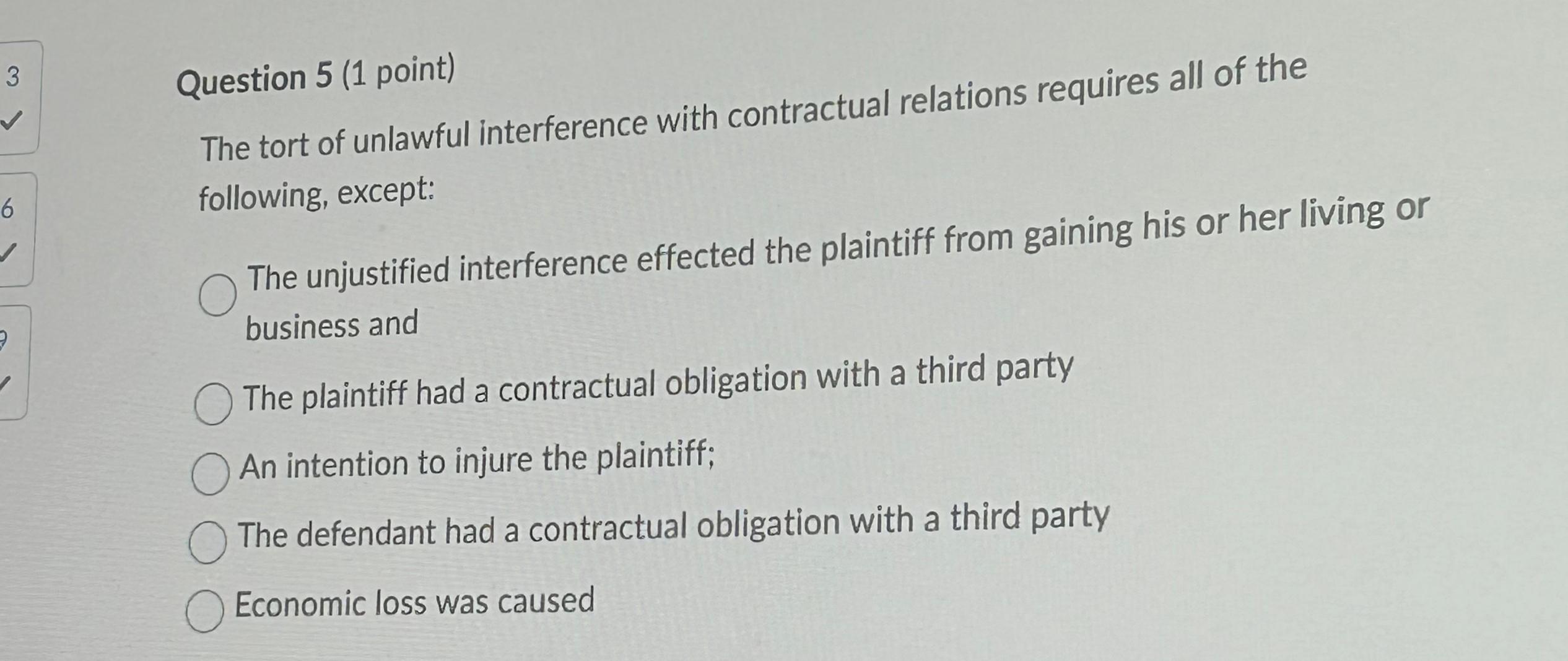 Solved Question 5 (1 ﻿point)The tort of unlawful | Chegg.com