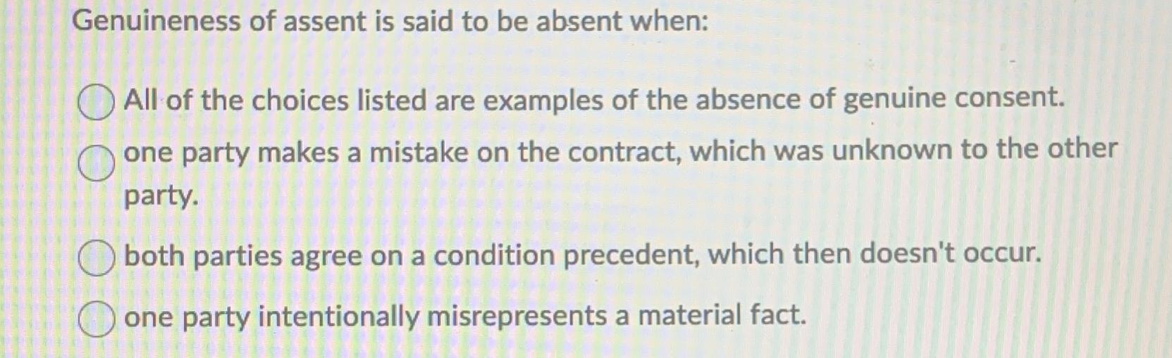 Solved Genuineness of assent is said to be absent when:All | Chegg.com