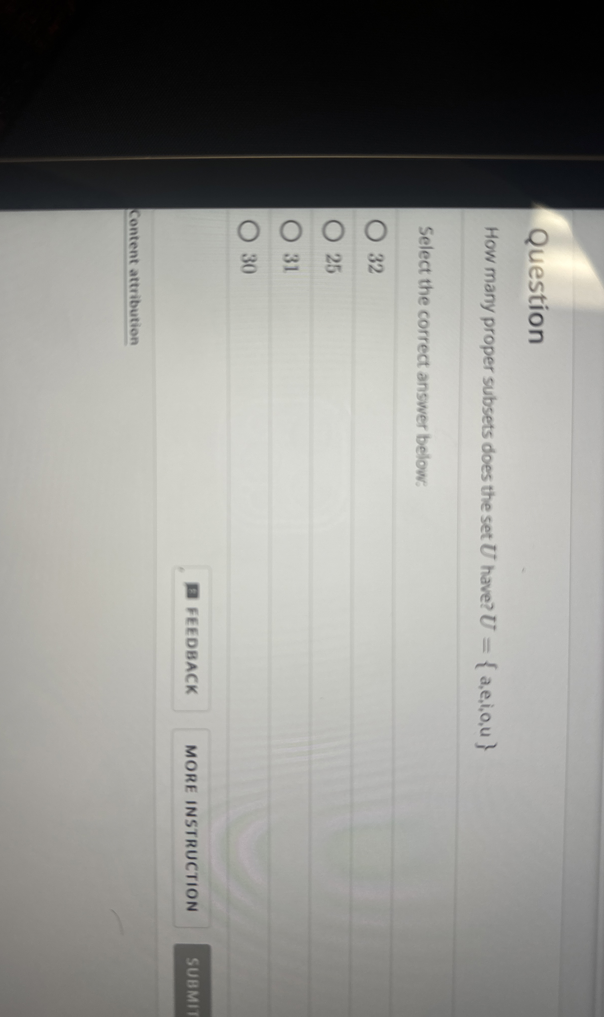 Solved QuestionHow many proper subsets does the set U ﻿have? | Chegg.com