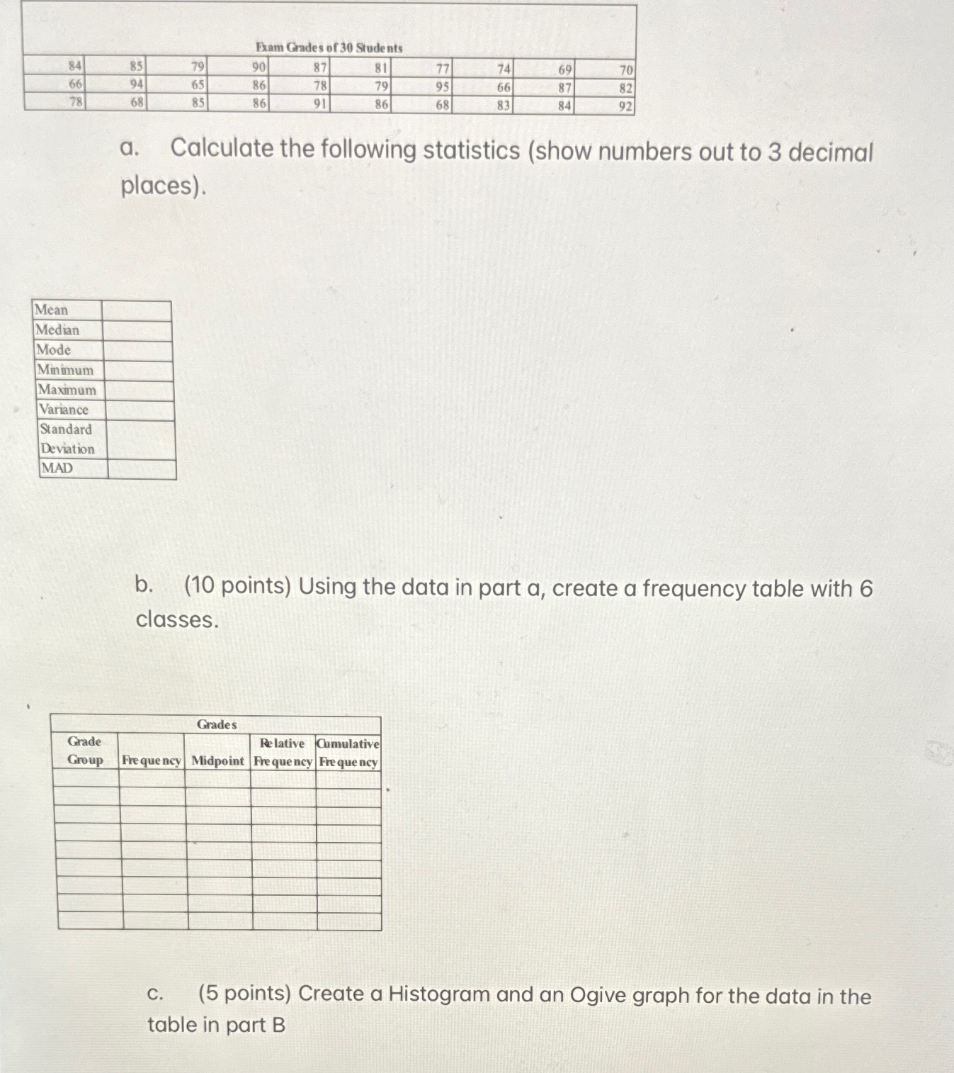 Solved \table[[Exam Grades of 30 | Chegg.com