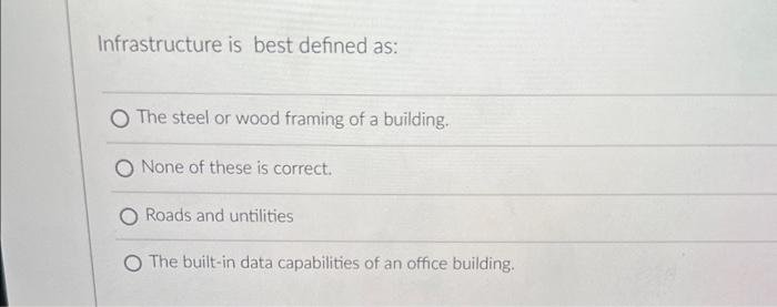 Solved Infrastructure is best defined as: The steel or wood | Chegg.com