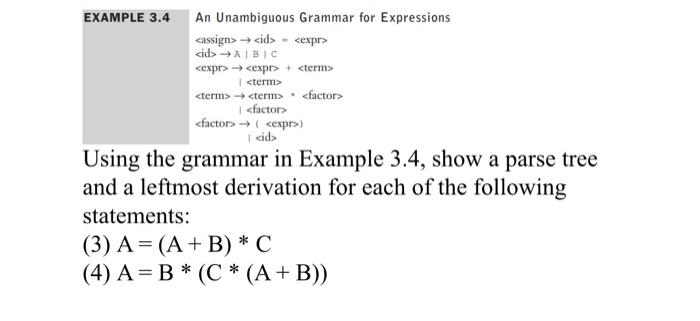 Solved EXAMPLE 3.4 An Unambiguous Grammar for Expressions | Chegg.com