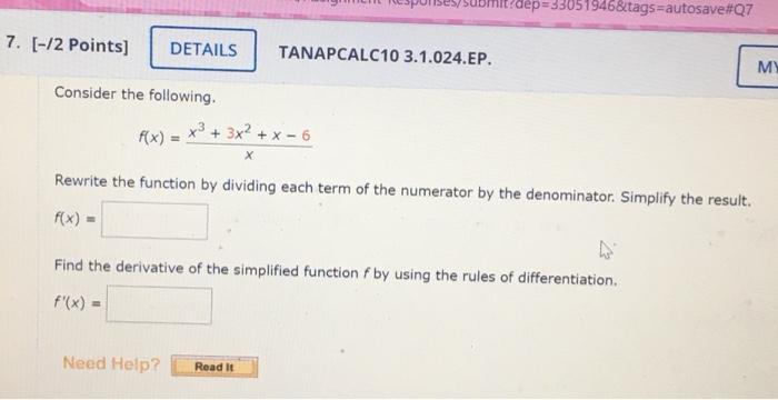 Solved 7. [-/2 Points] Consider the following. f(x) = = | Chegg.com