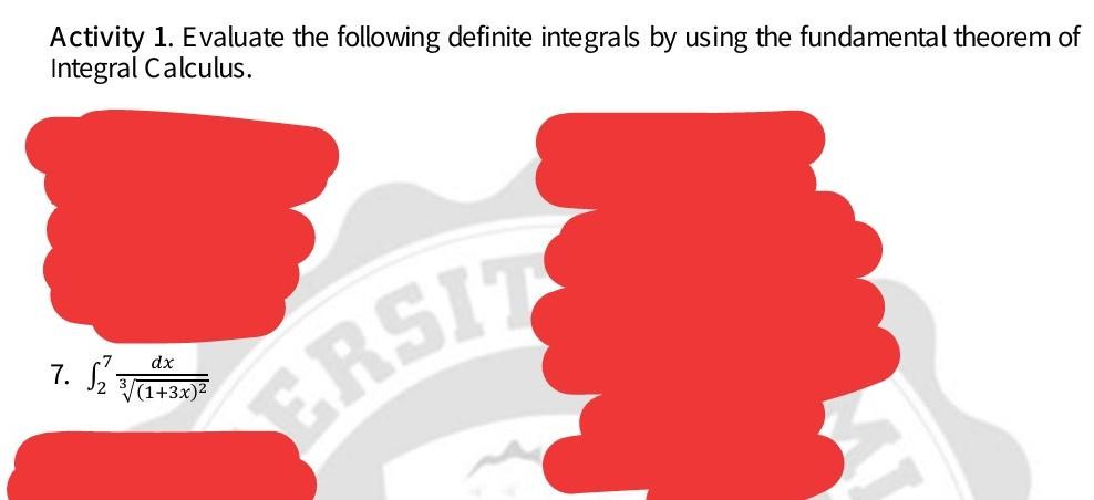 Solved Activity 1. Evaluate the following definite integrals | Chegg.com