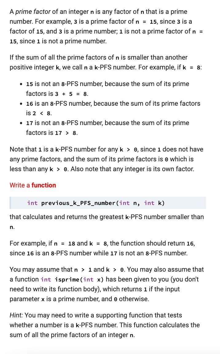 Solved A prime factor of an integer n is any factor of n | Chegg.com