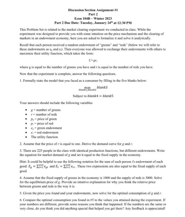 Discussion Section Assignment \#1 Part 2 Econ 104B - | Chegg.com