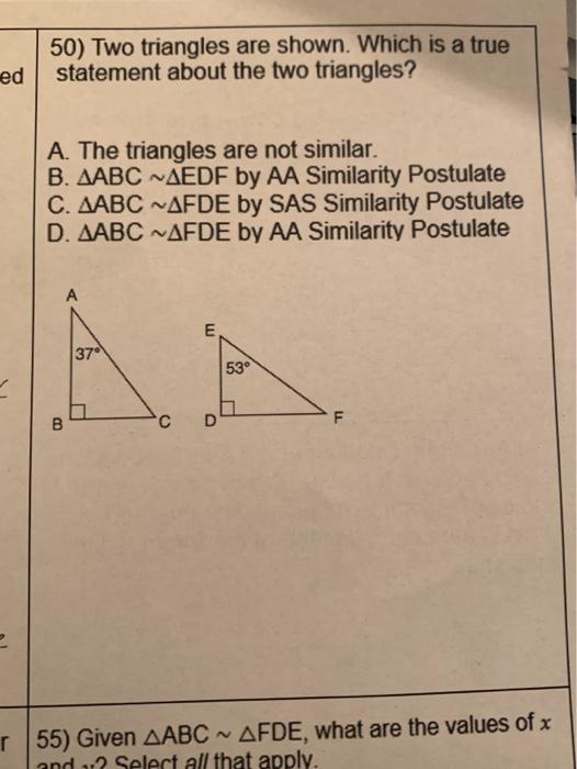 Solved 50) Two triangles are shown. Which is a true | Chegg.com
