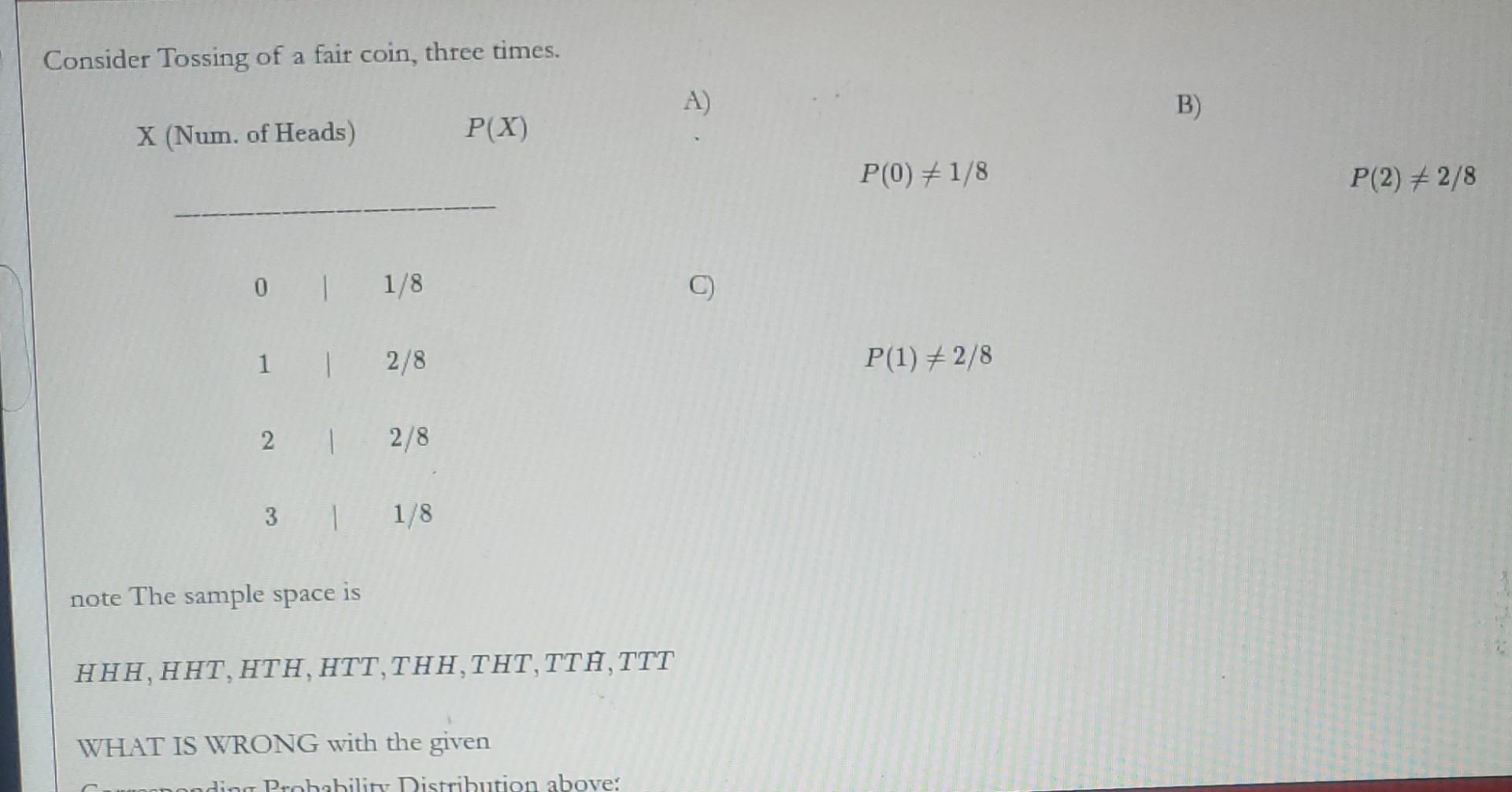 Solved Consider Tossing of a fair coin, three times. A) X | Chegg.com