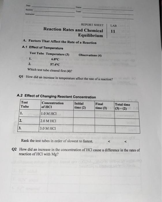 Date Name Section Team Instructor LAB 11 REPORT SHEET | Chegg.com
