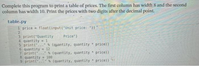 Complete this program to print a table of prices. The | Chegg.com