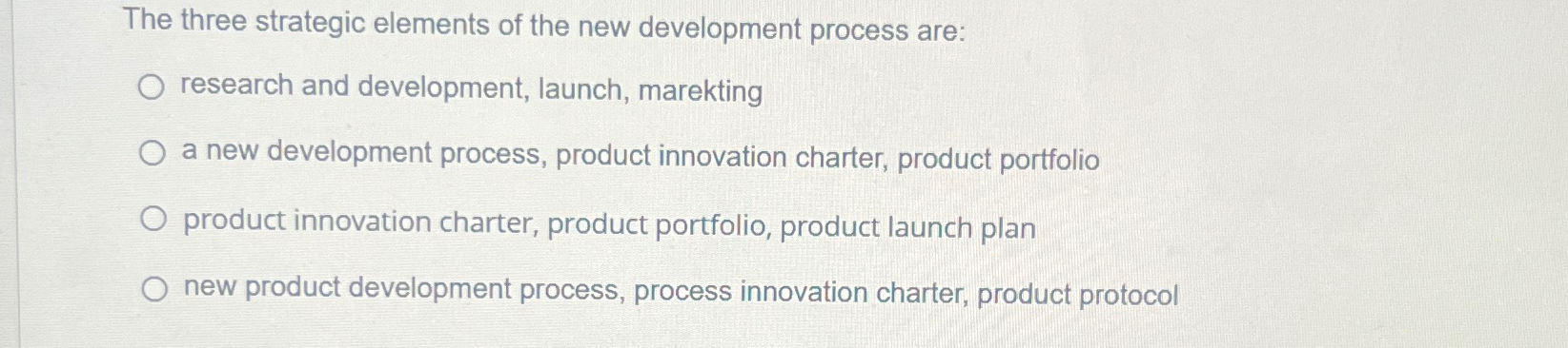 Solved The three strategic elements of the new development | Chegg.com