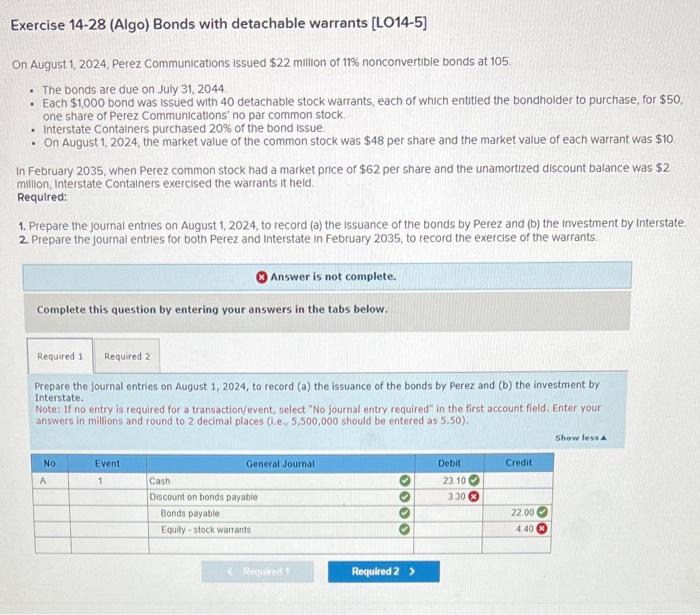 Solved Exercise 14-28 (Algo) Bonds with detachable warrants | Chegg.com