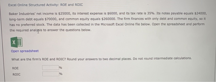 Solved Excel Online Structured Activity: ROE and ROIC Baker | Chegg.com