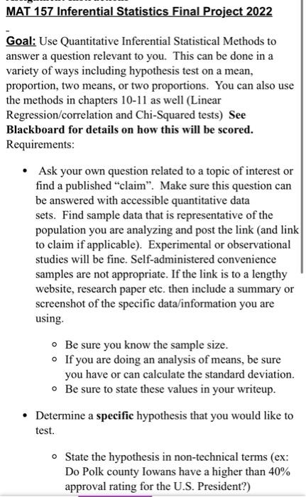 Solved MAT 157 Inferential Statistics Final Project 2022 | Chegg.com