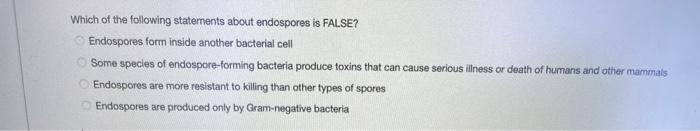 Solved Which of the following statements about endospores is | Chegg.com