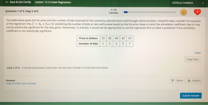 Solved - Save & Exit Certify Lesson: 12.2 Linear Regression | Chegg.com