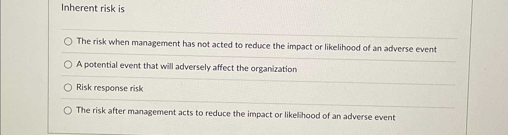 Solved Inherent risk isThe risk when management has not | Chegg.com