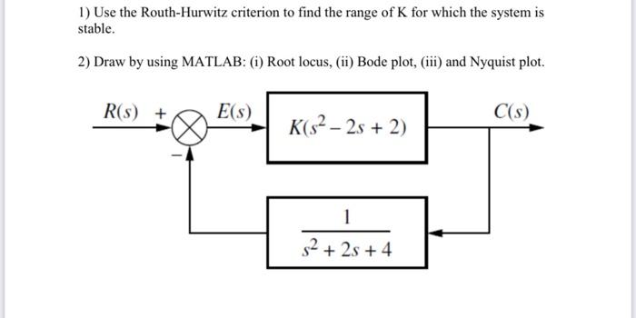 Solved 1) Use the Routh-Hurwitz criterion to find the range | Chegg.com