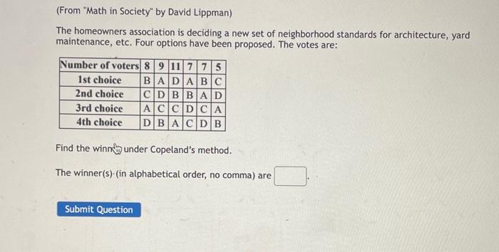 Solved (From "Math in Society" by David Lippman) The | Chegg.com