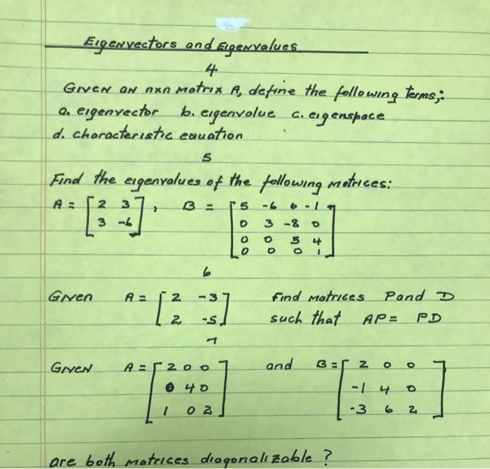 Solved Eigan yectors and Elpervalues Given ax nxn matrix A, | Chegg.com