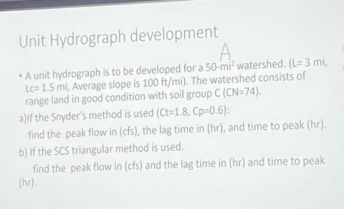 Solved - A unit hydrograph is to be developed for a 50−mi2 | Chegg.com