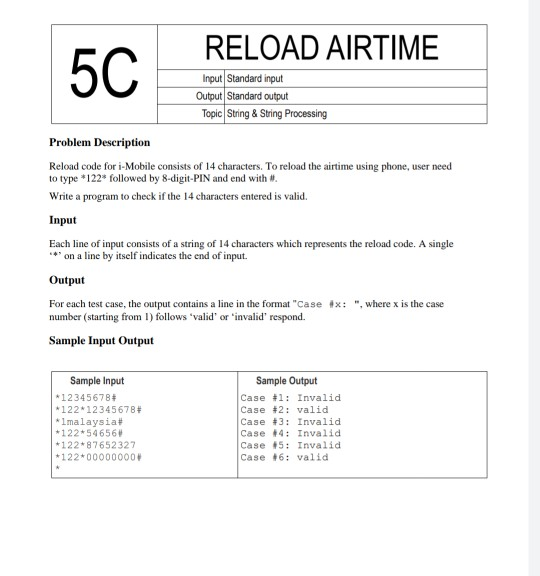 Solved RELOAD AIRTIME 5C Input Standard input Output | Chegg.com