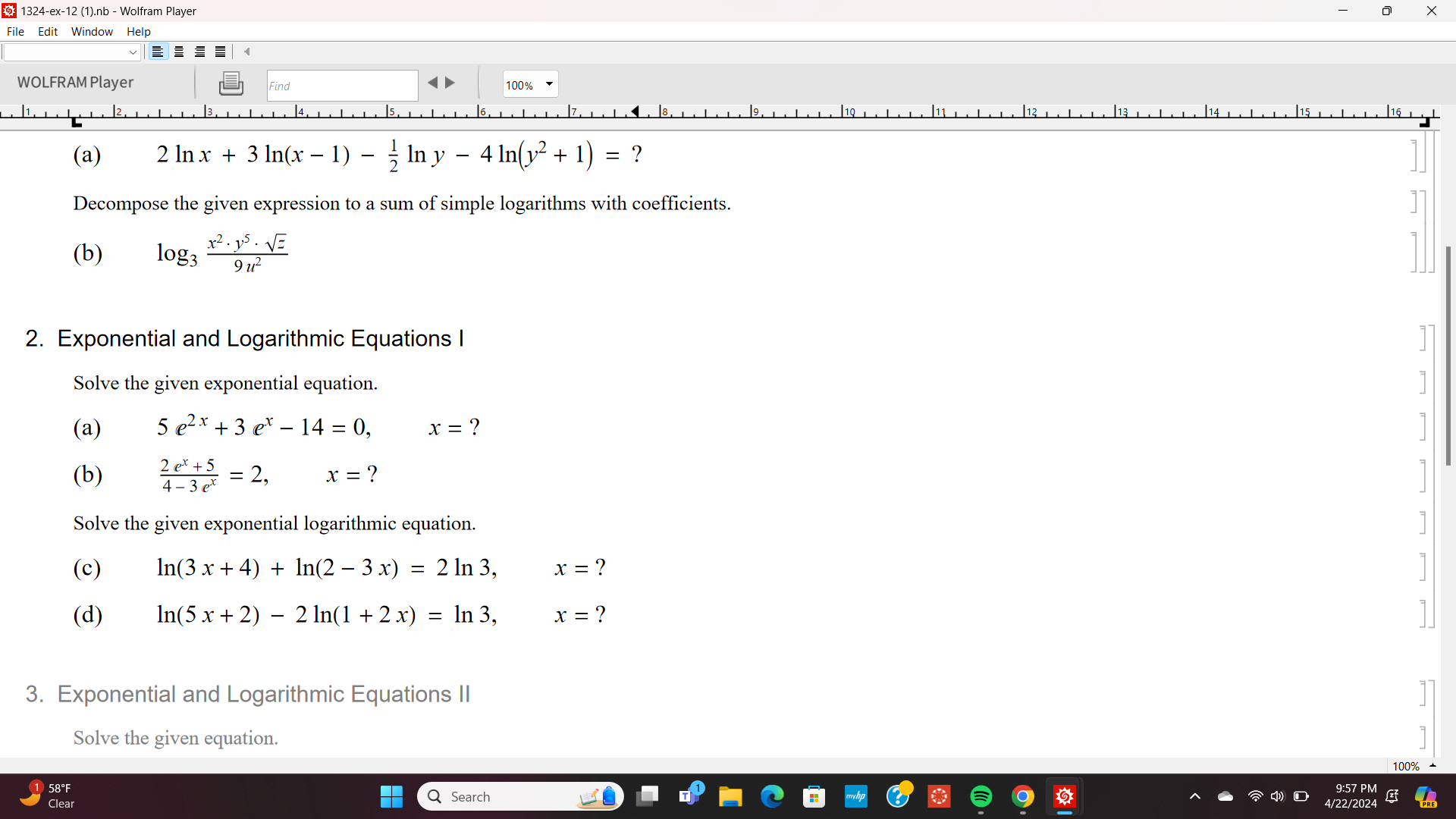 Solved Exponential and Logarithmic Equations ISolve the | Chegg.com